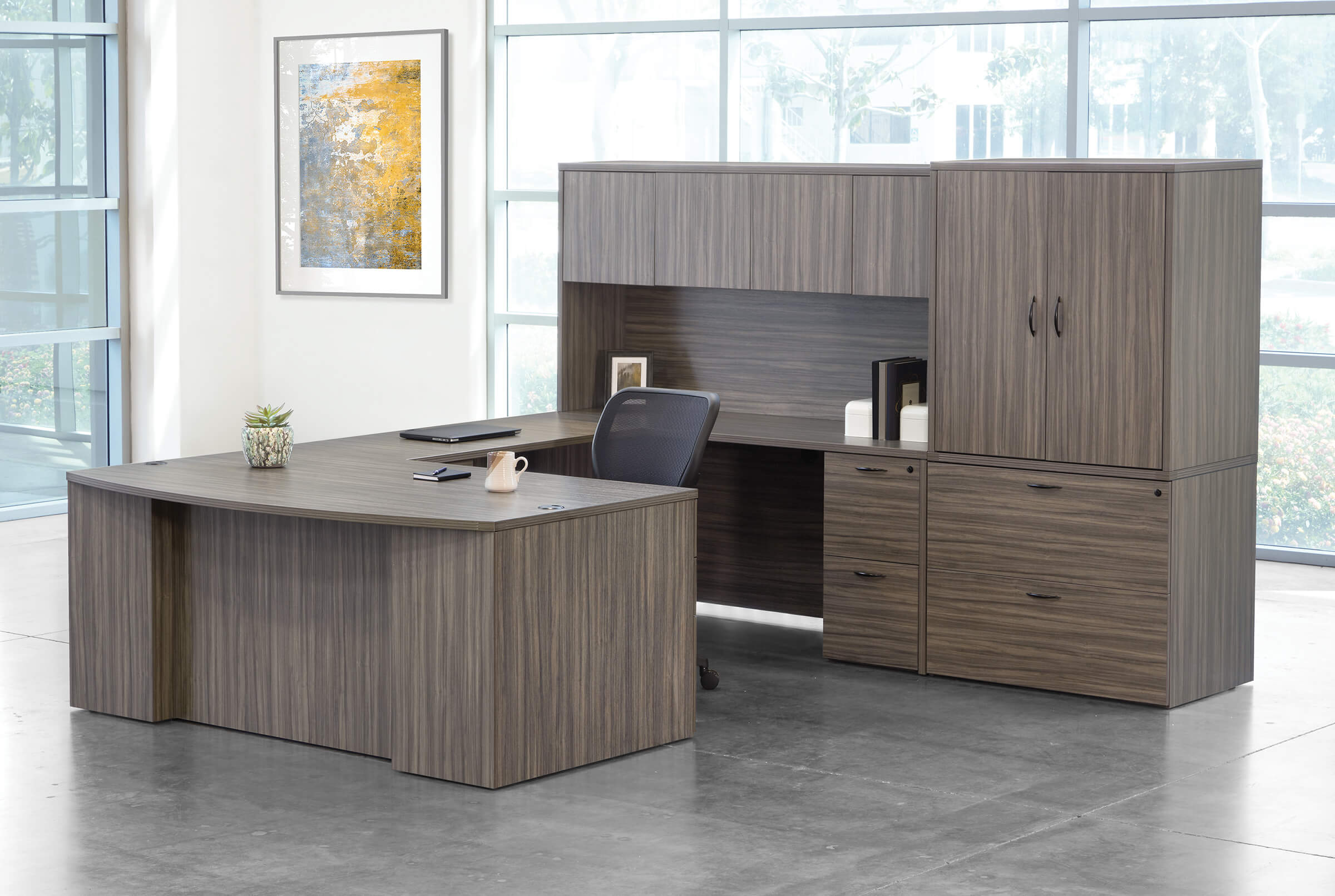 L Desk with Hutch - Modern U Shaped Desk With Storage Novato 107W x 112D