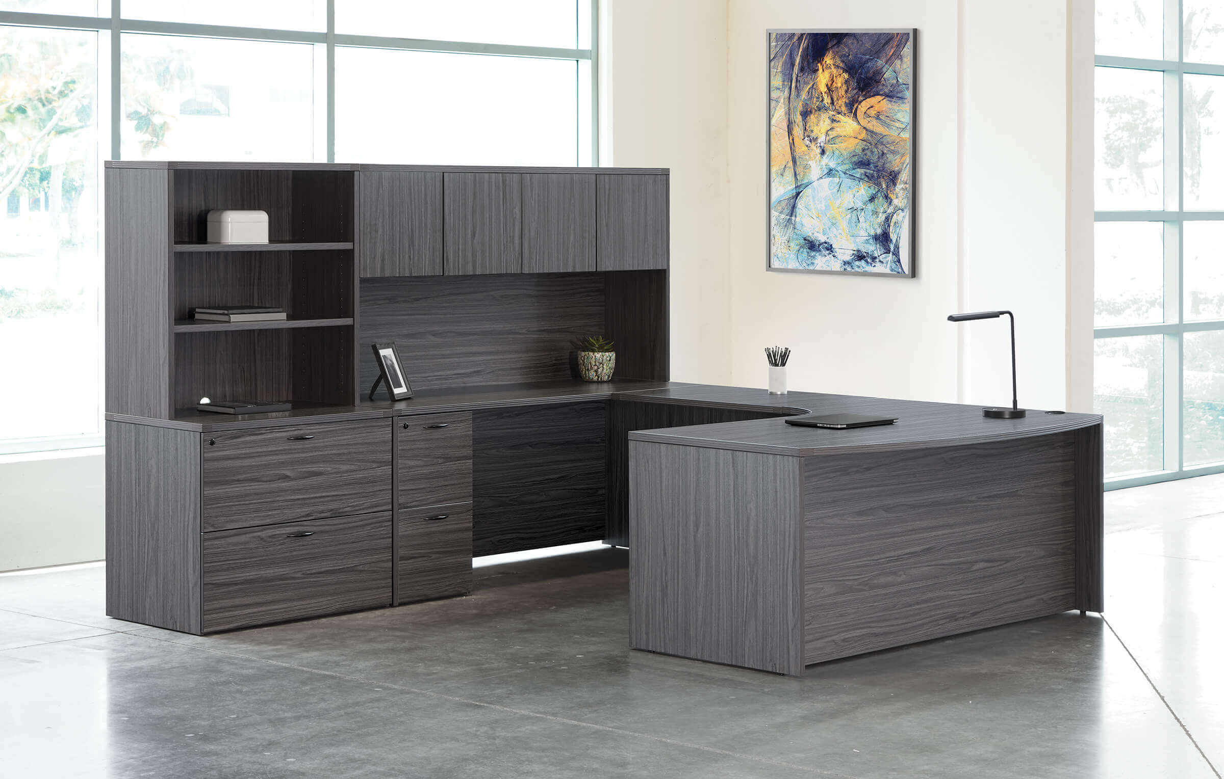 U Shaped Desk With Hutch - Contemporary U Shaped Desk Novato 107W x 112D